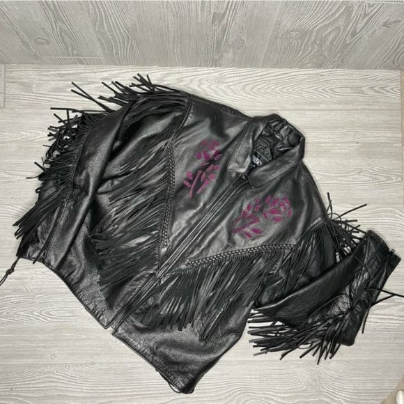 Vintage | Jackets & Coats | Unik Vintage Black Leather Purple Rose Cut ...